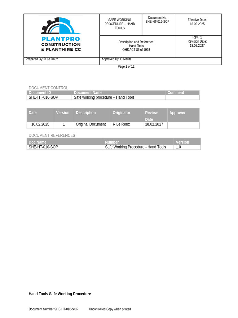 Hand Tools Sop She HT 016 Sop | PDF | Personal Protective Equipment