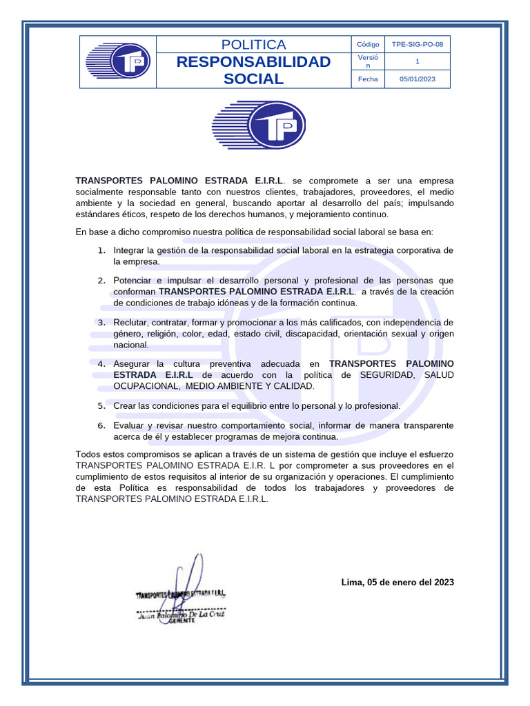 TPE-SIG-PO-08 Responsabilidad Social | PDF