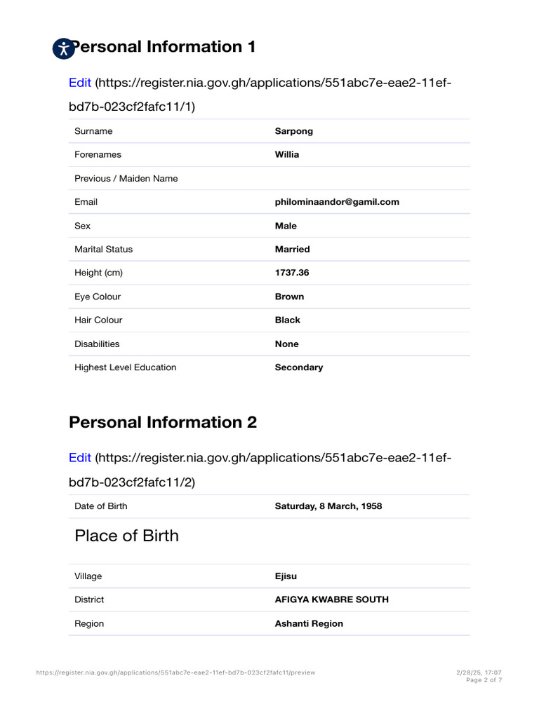 Personal Information 1: Place of Birth | PDF | Ghana