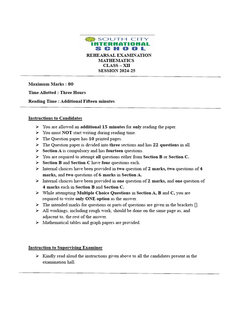 Class XII Rehearsal Examination 2024-2025 Changed and Final | PDF ...