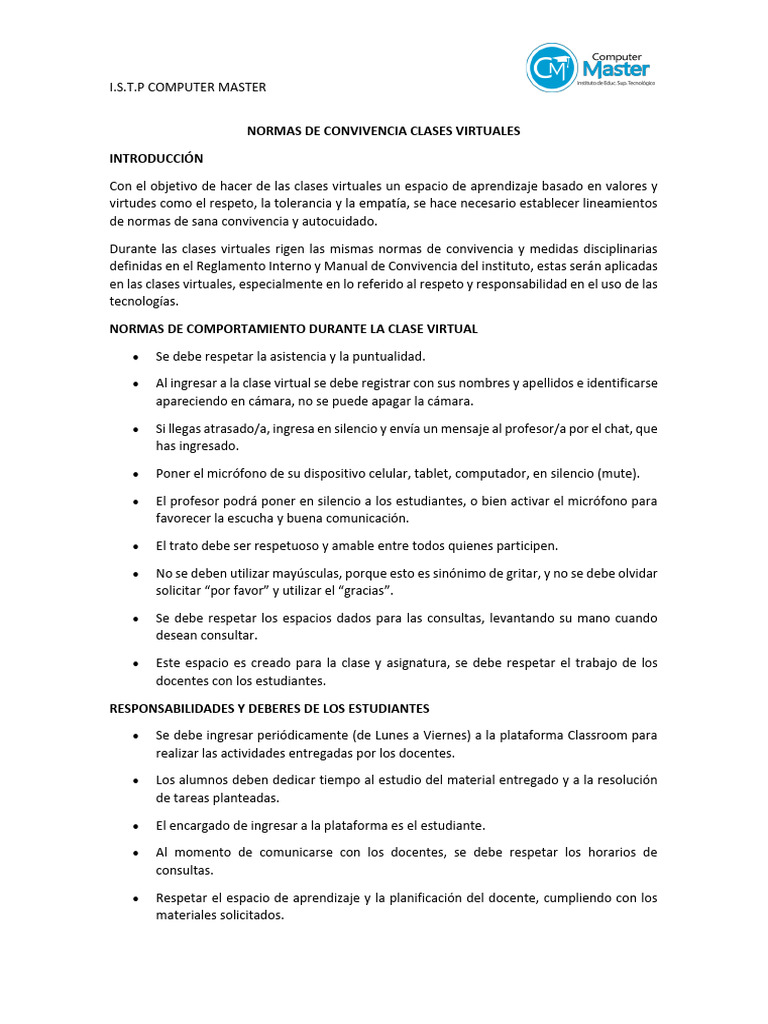 Normas de Convivencia en Clases Virtuales | PDF | Chat en linea