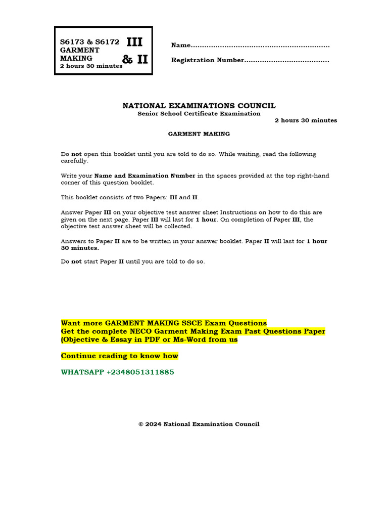 SSCE NECO Garment Making Past Questions and Answers | PDF | Seam ...