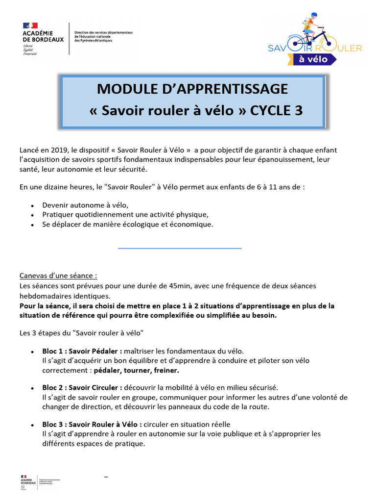 Savoir Rouler à Vélo : Guide Cycle 3 | PDF | Apprentissage