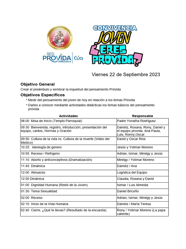 Cronograma Convivencia Provida | PDF