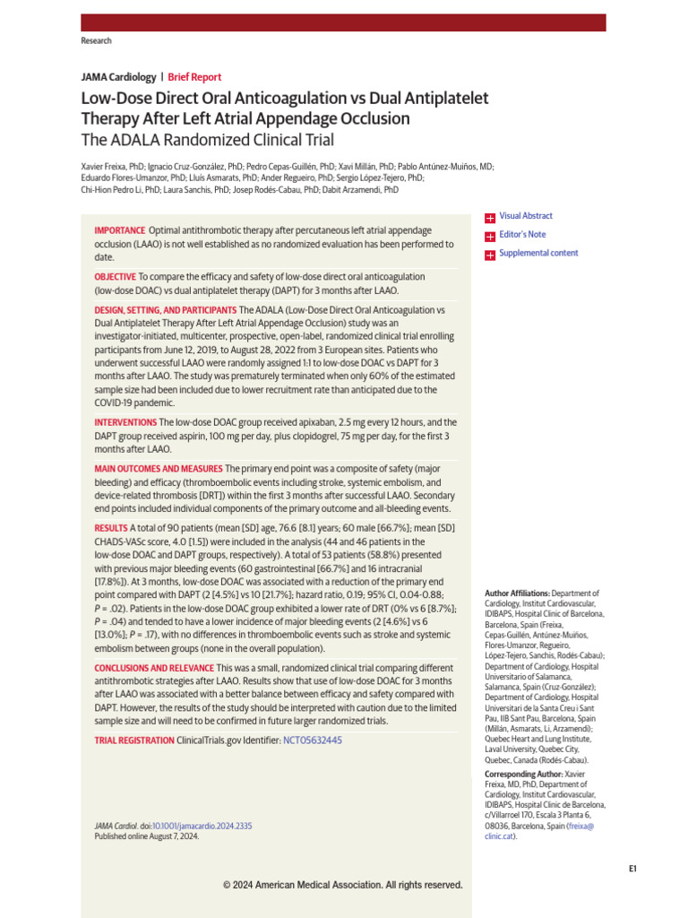 Xavier Freixa Low Dose Direct Oral Anticoagulation Vs | PDF ...