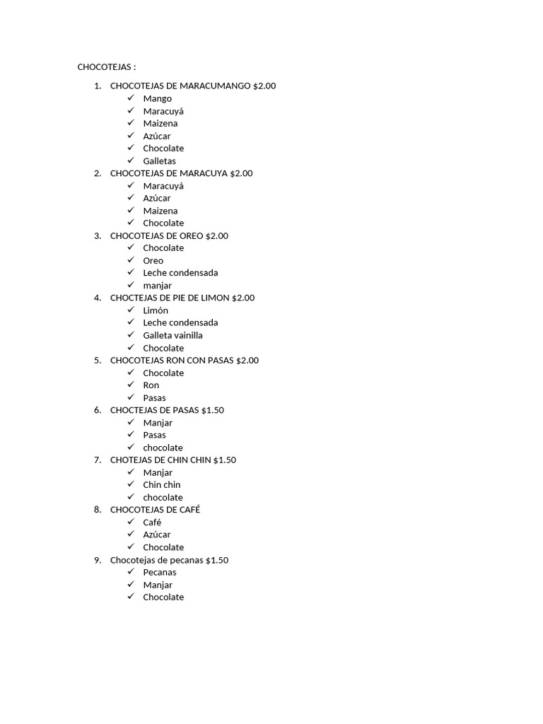 Variedad de Chocotejas y Chotejas | PDF