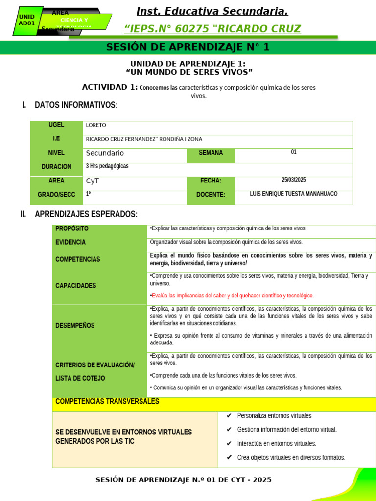 01. SESIÓN 1 (U1) (1° grado) - CyT | PDF | Aprendizaje | Maestros