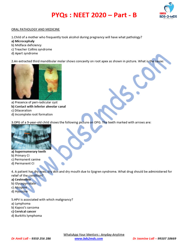 PYQ - NEET 2020 - Part B - Answers | PDF | Dental Implant | Medical Specialties