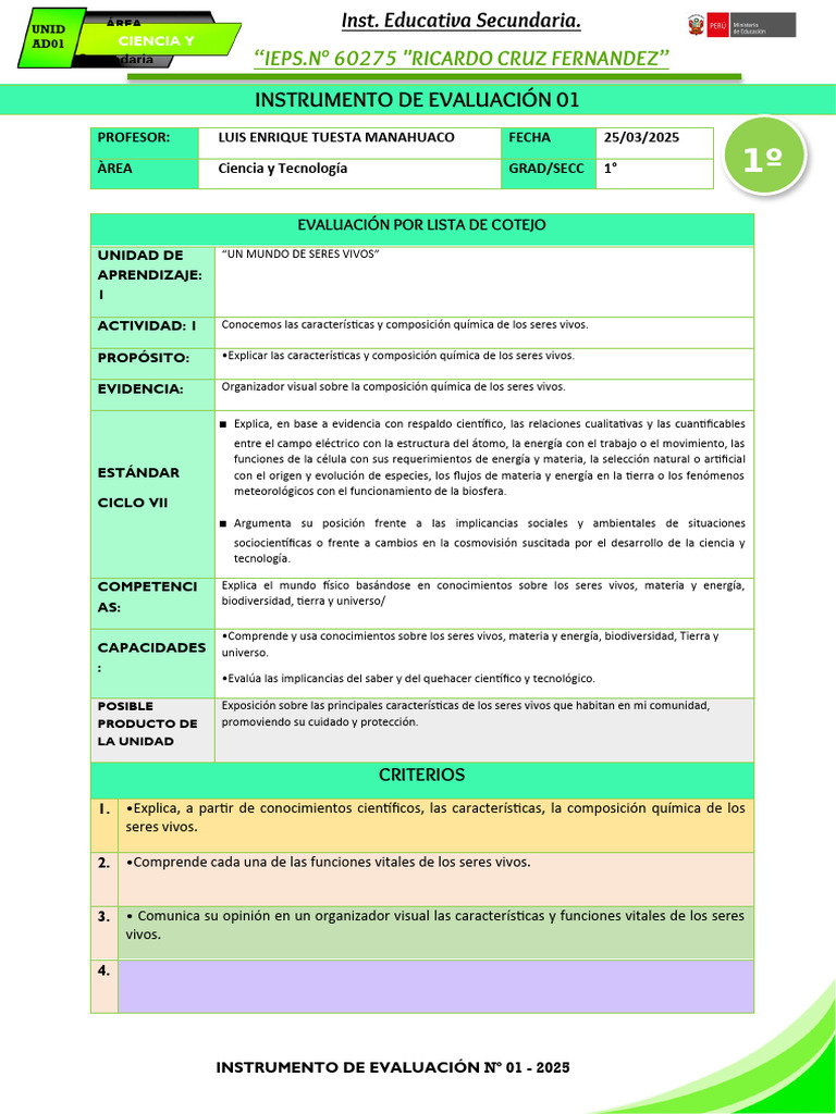 Instrumento S1 (U1) (1° Grado) - CyT | PDF | Importar | Science