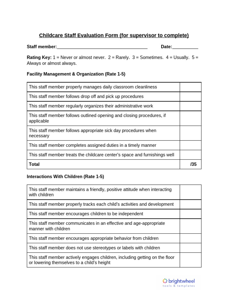 Childcare and Preschool Staff Evaluation Forms - Brightwheel | PDF ...