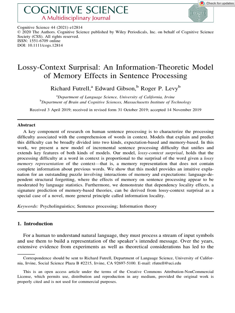 Cognitive Science - 2020 - Futrell - Lossy‐Context Surprisal An Information‐Theoretic Model of ...