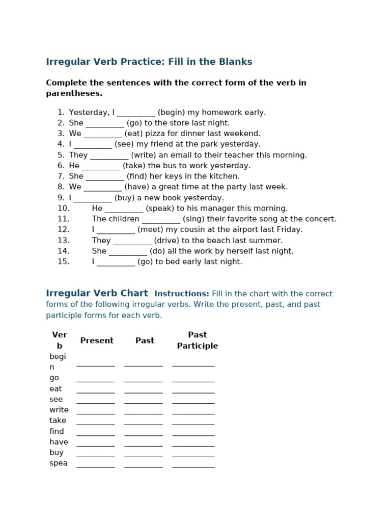 Irregular Verb Practice Worksheet | PDF