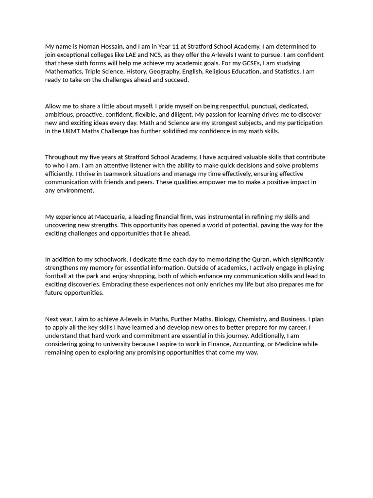 Personal Statement of Noman Hossain | PDF