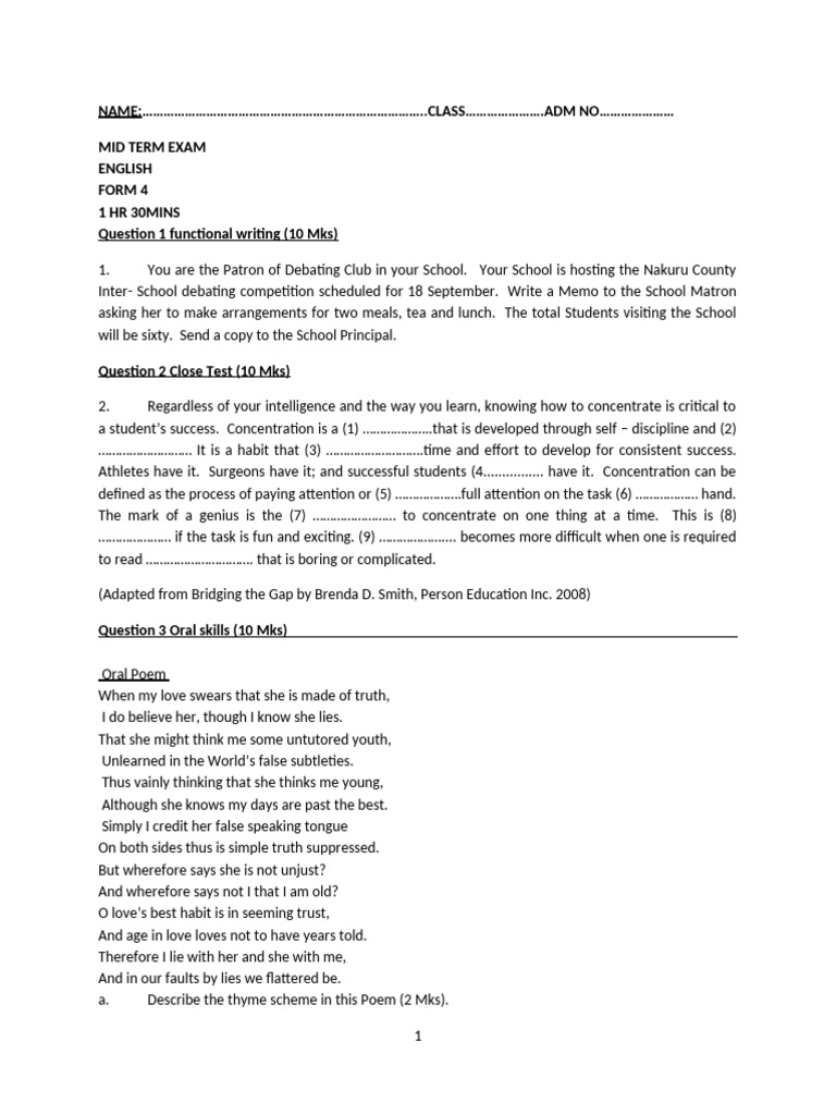 1439 Form 4 English Mid Term 1 Examination 2023 Word Format | PDF ...