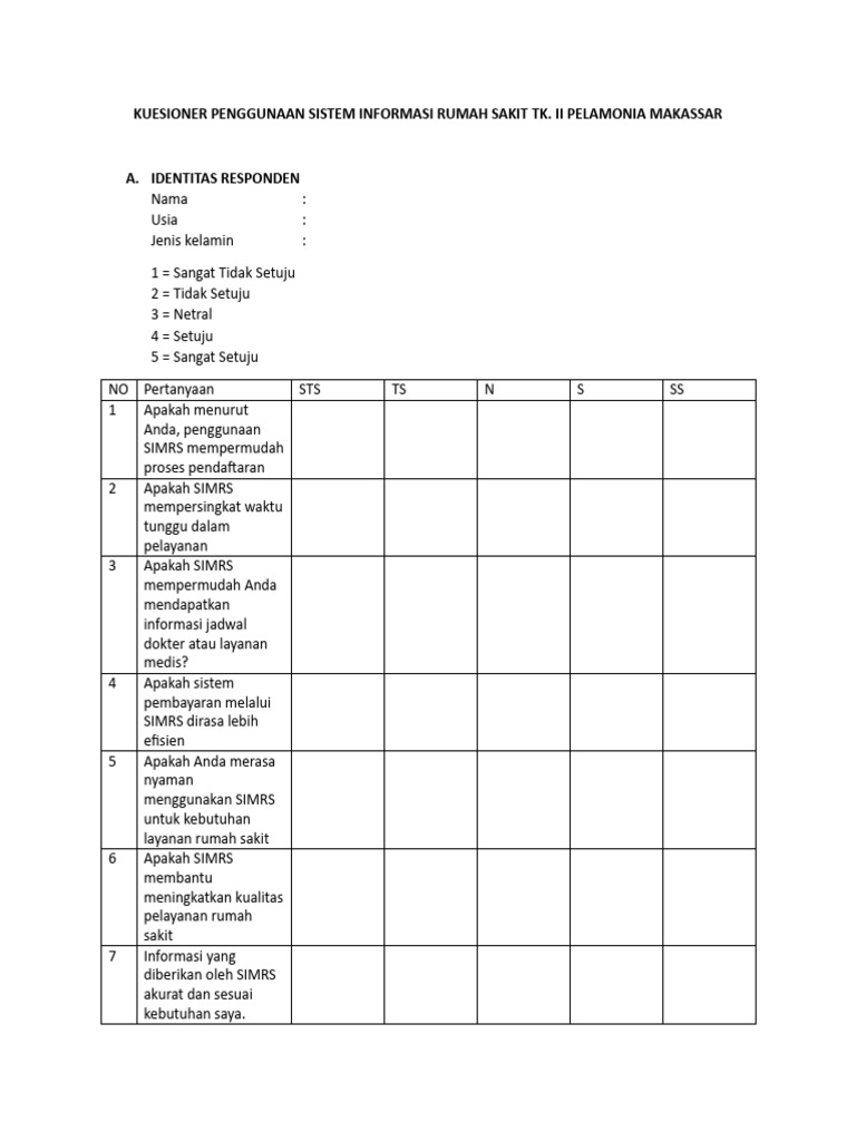 Kuesioner Penggunaan Sistem Informasi Rumah Sakit TK | PDF