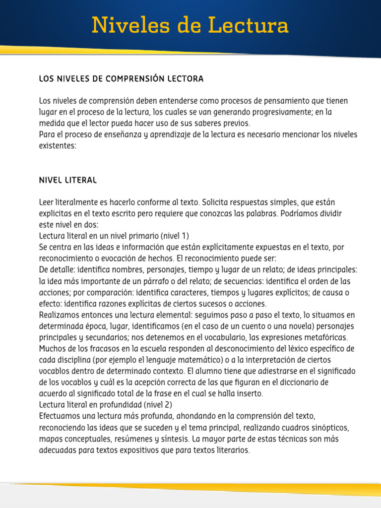 Niveles de Comprensión Lectora | PDF | Comprensión lectora | Ciencia ...