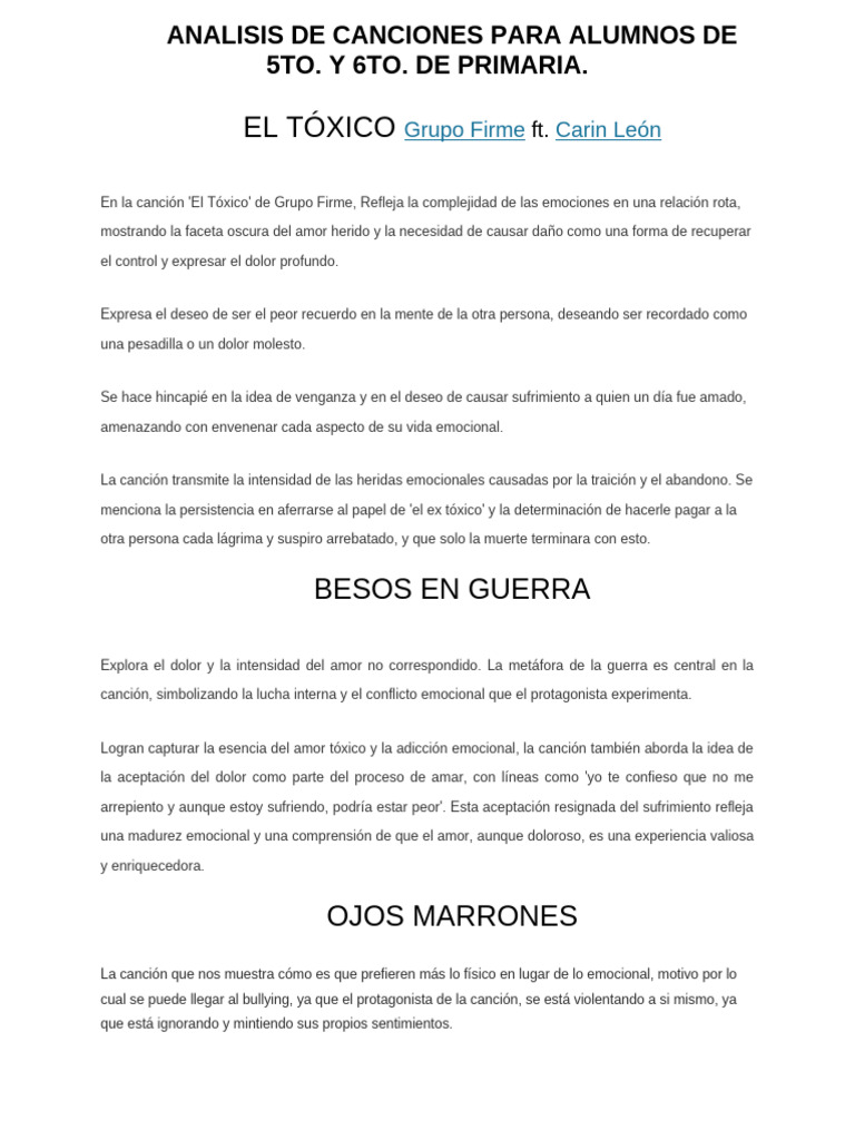 Analisis de Canciones para Primaria | PDF | Las emociones | Amor