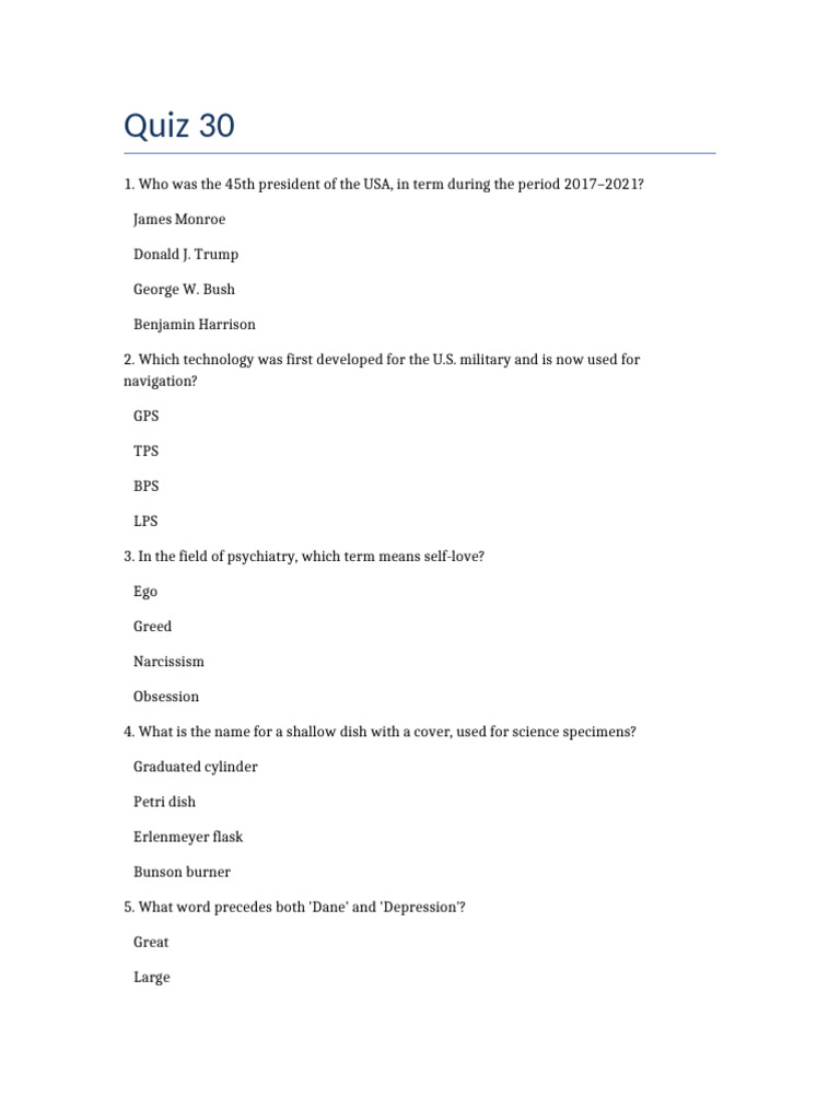 Quiz 30: Trivia Questions and Answers | PDF