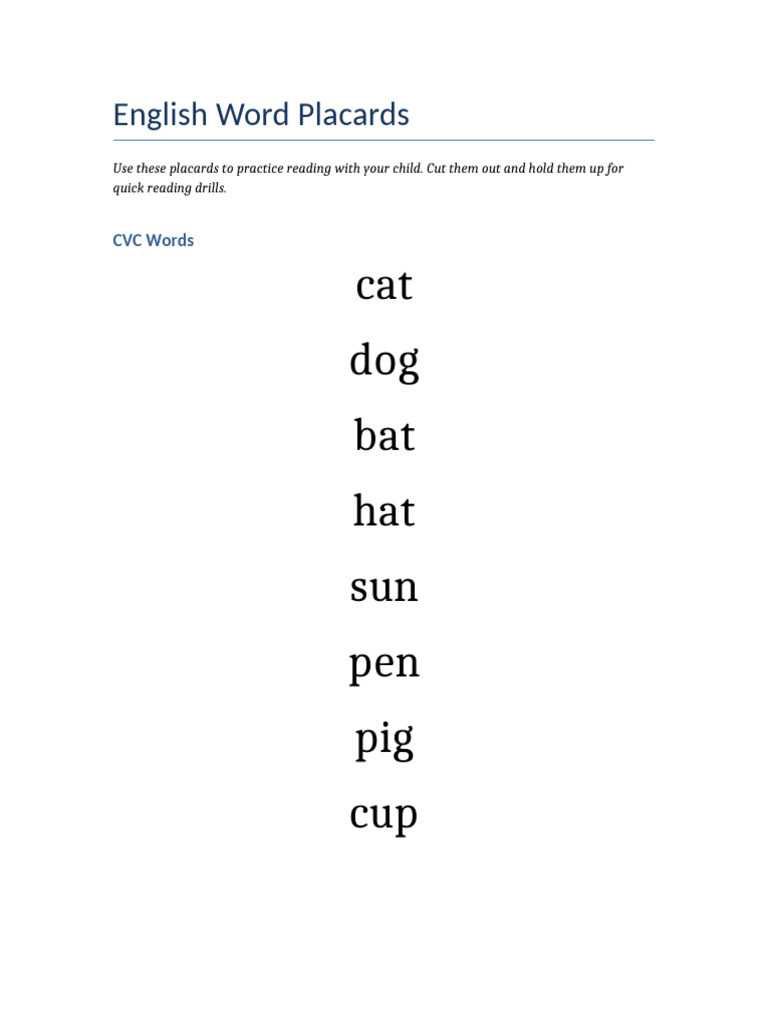 English Reading Practice Placards | PDF