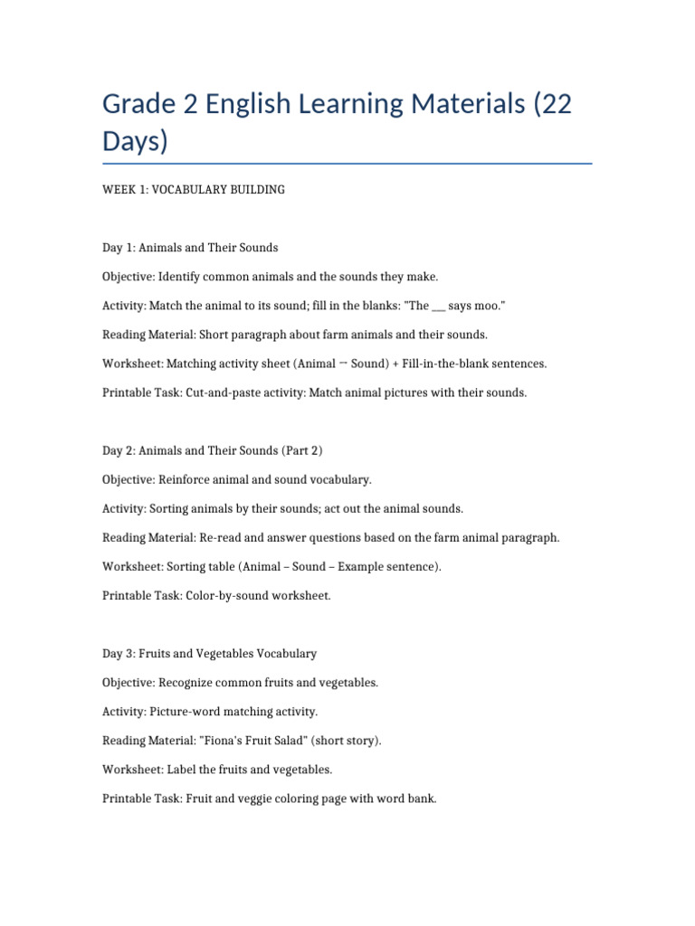 Grade2 English Learning Materials 22days With Worksheets AnswerKey ...