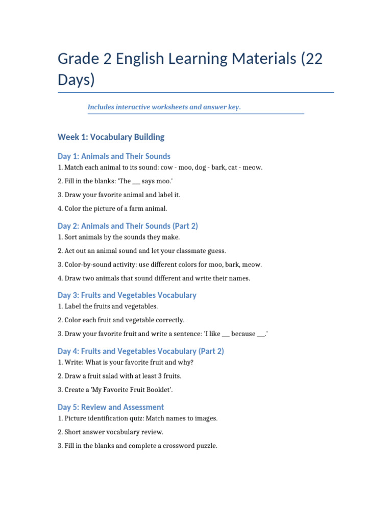 Grade2_English_Learning_Materials_Revised_with_AnswerKey | PDF | Plural ...