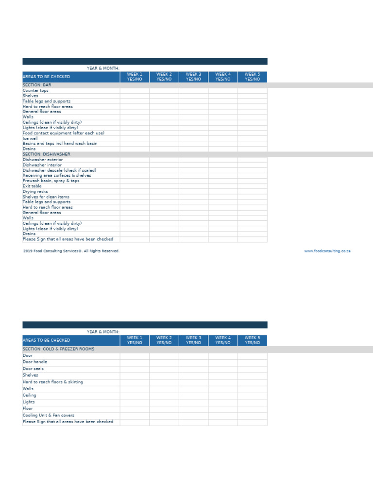 FCS Bar Cleaning Checklist 2019 | PDF | Dishwasher | Refrigerator