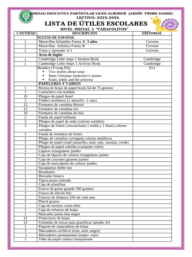 Lista de Útiles 2025 2026 JPD | PDF