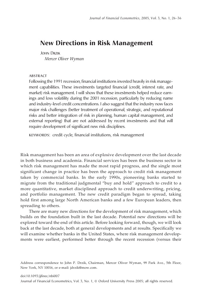 Drzik - New Directions in Risk Management | PDF | Risk | Recession