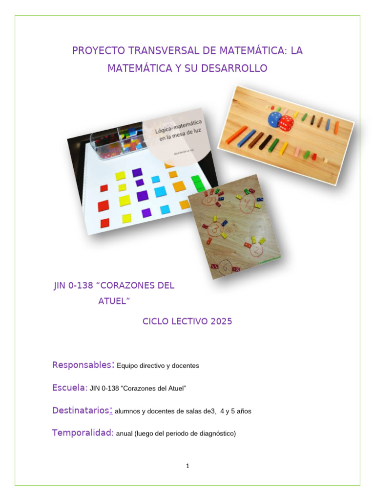 PROYECTO TRANSVERSAL DE MATEMÁTICA Sala de 3 | PDF | Matemáticas ...