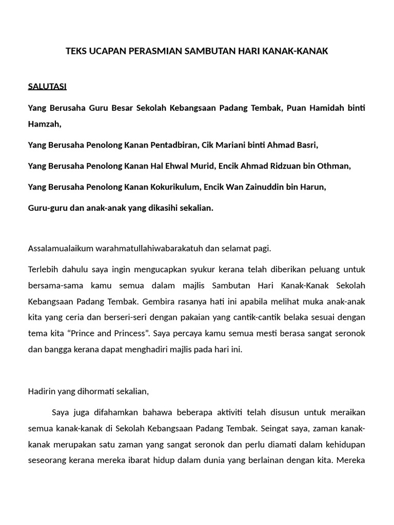 TEKS UCAPAN PERASMIAN SAMBUTAN HARI KANAK | PDF