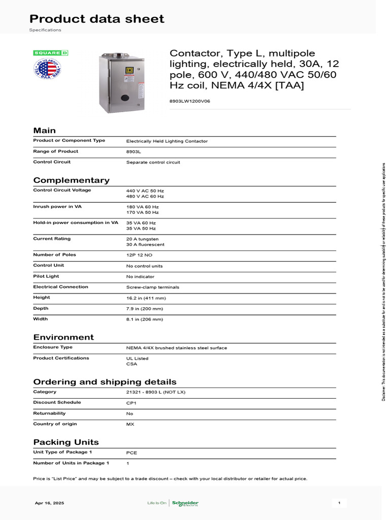 Schneider Electric Lighting Contactor Specs | PDF | Electricity ...