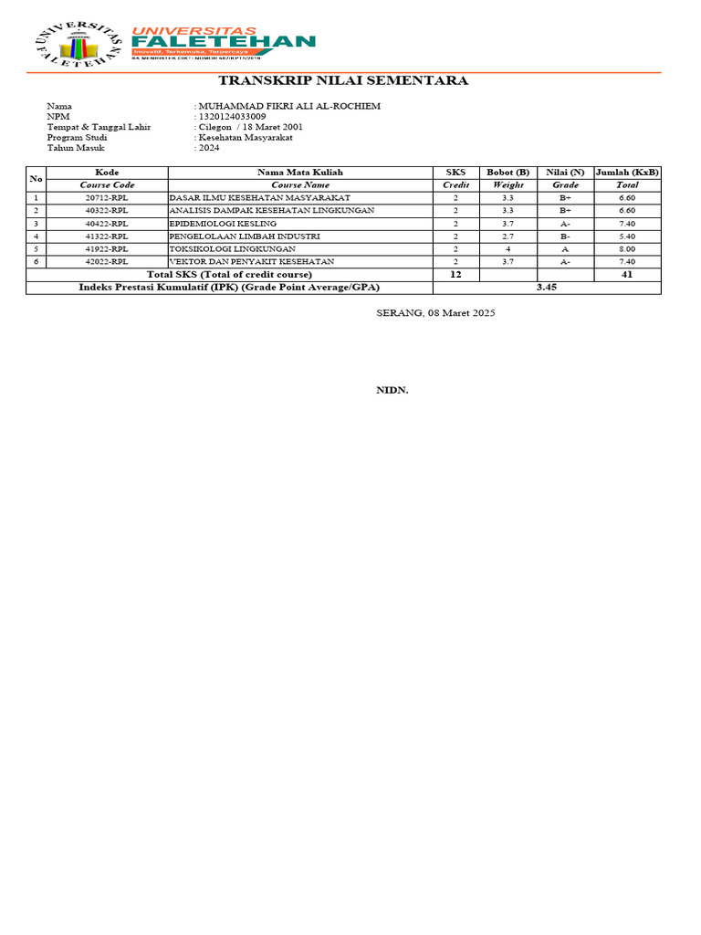 Cetak Transkrip 1320124033009 | PDF
