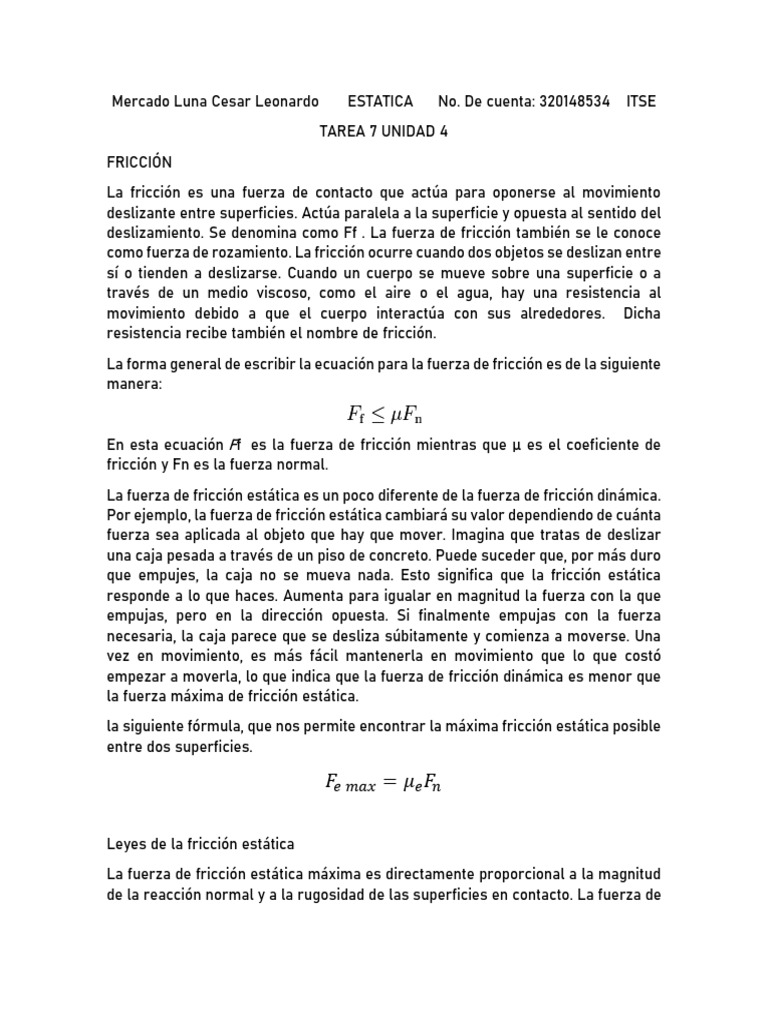 Tarea 7 Unidad 4 Estatica | PDF | Fricción | Fuerza