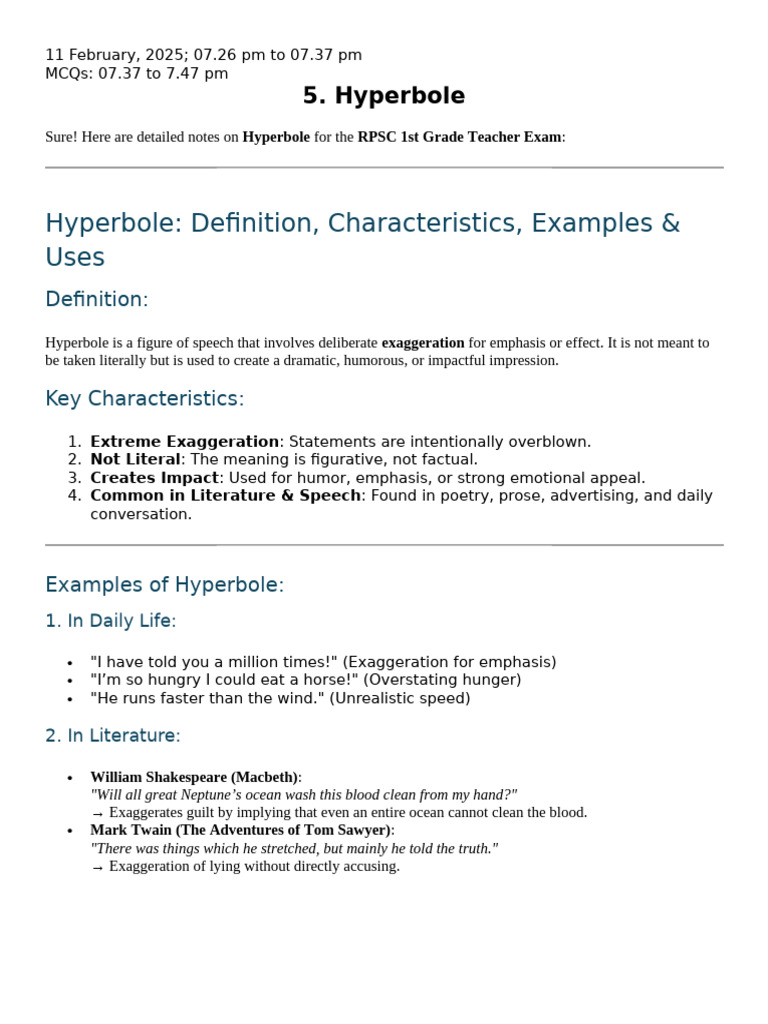 Hyperbole Notes With MCQs ChatGPT | PDF | Metaphor | Multiple Choice