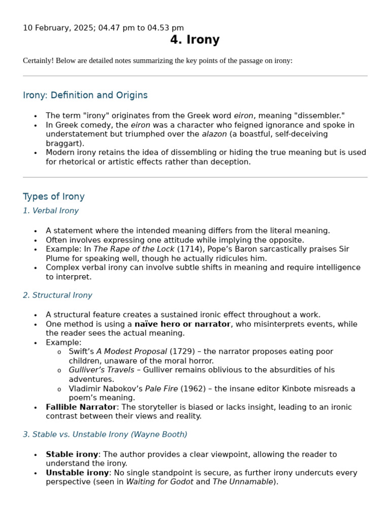 Irony Notes With MCQs ChatGPT | PDF | Irony