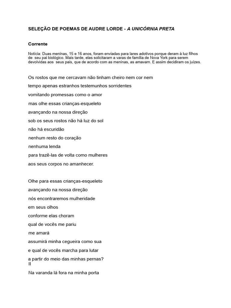 Poemas de Audre Lorde: A Unicórnia Preta | PDF