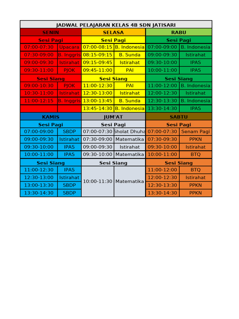 Jadwal Pelajaran Kelas 4b SDN Jatisari T.A 2024-2025 | PDF