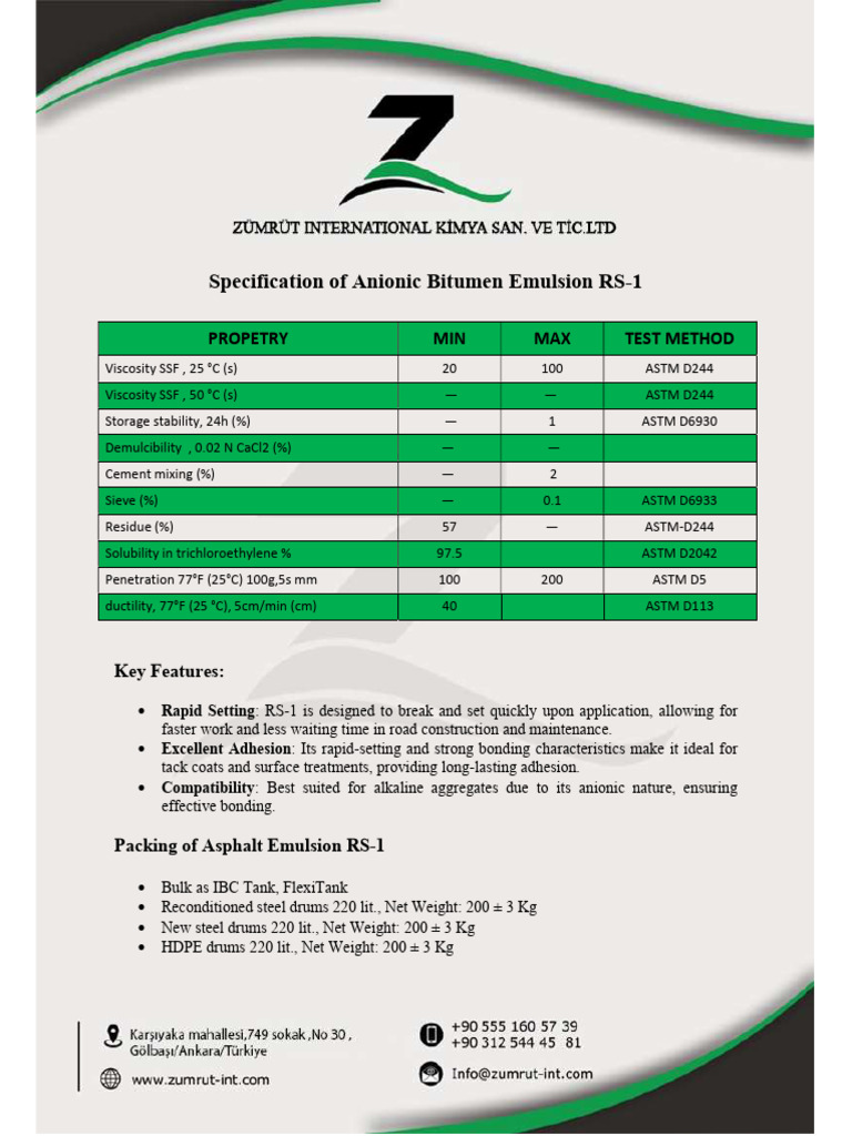Specification of Anionic Bitumen Emulsion RS 1 | PDF