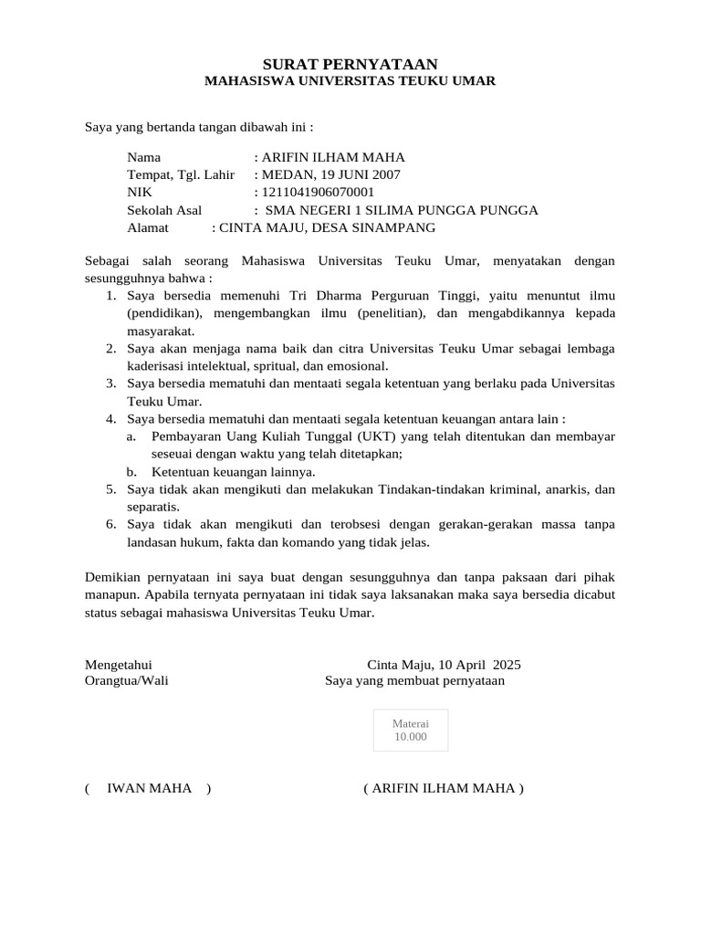 Maba - Surat Pernyataan Mahasiswa UTU | PDF
