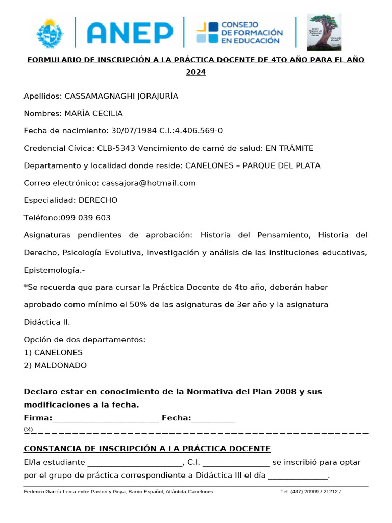 Formulario Inscripción Práctica 4to | PDF