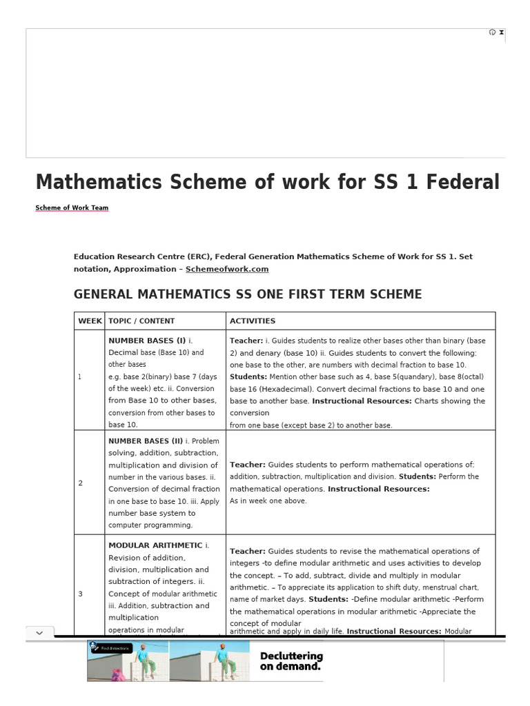 Mathematics Scheme of Work For SS 1 New | PDF | Trigonometric Functions ...
