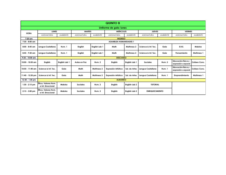 Horario 5B 2024 | PDF