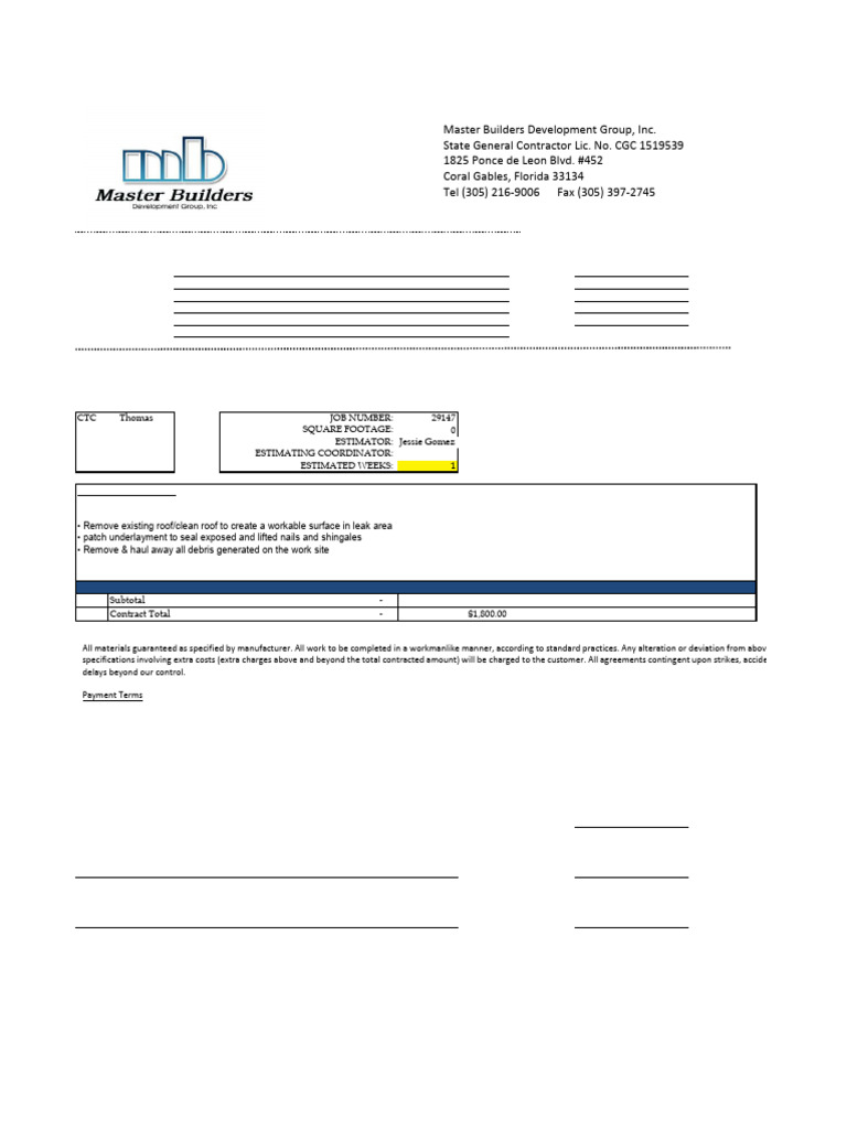 Emergency Shingle Leak Repair Contract | PDF