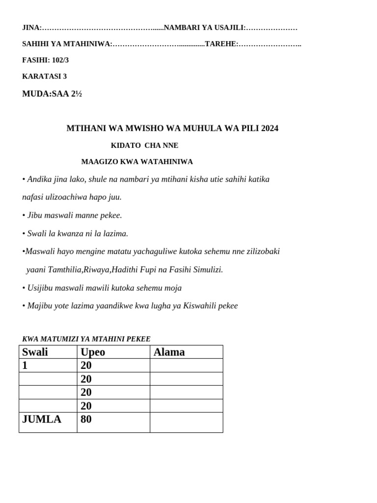 Kiswahili F4 PP3 2024 QS | PDF
