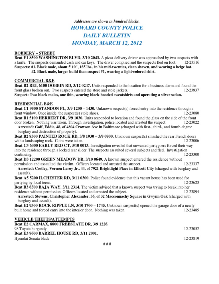 Howard County Police Daily Bulletin | PDF