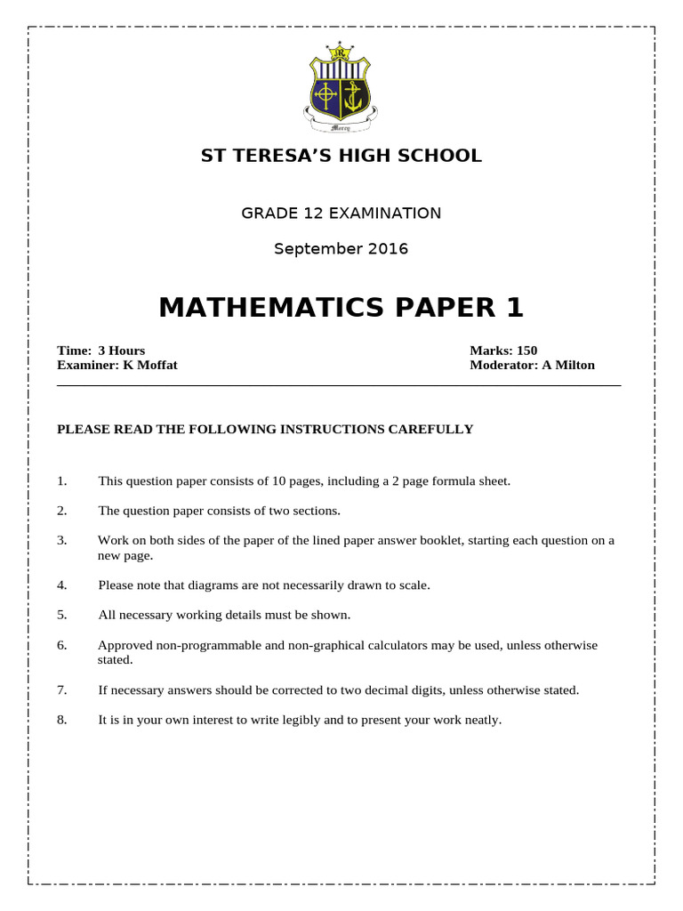 Grade 12 Prelim Paper 1 2016 | PDF | Function (Mathematics) | Mathematical Objects