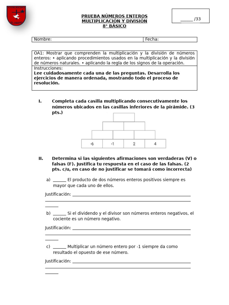 Prueba de Multiplicación y División de Numeros Enteros | PDF | División ...