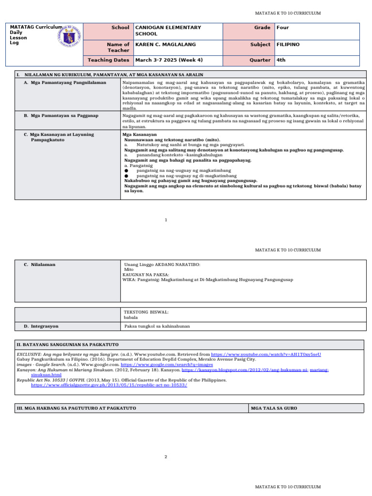 DLL Matatag - Filipino 4 Q4 W4 | PDF