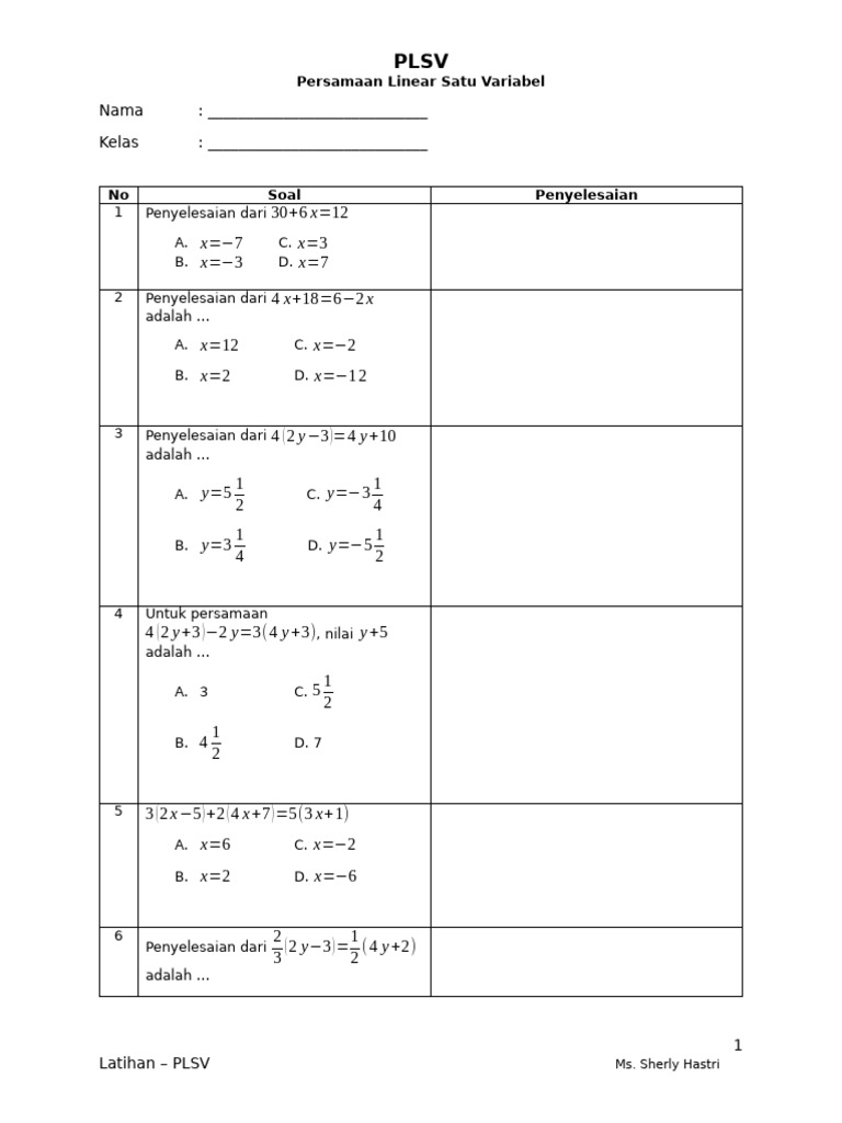 Math - PLSV (Persamaan Linear Satu Variabel) Lanjutan | PDF