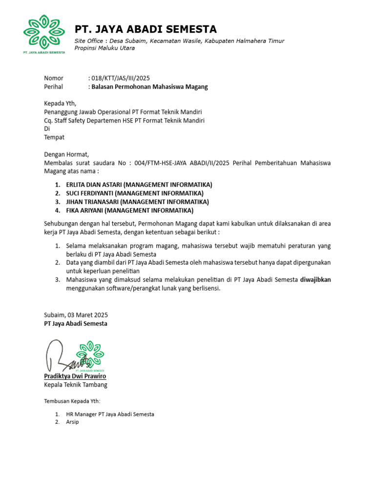 018 - Surat Balasan Permohonan Magang FTM | PDF